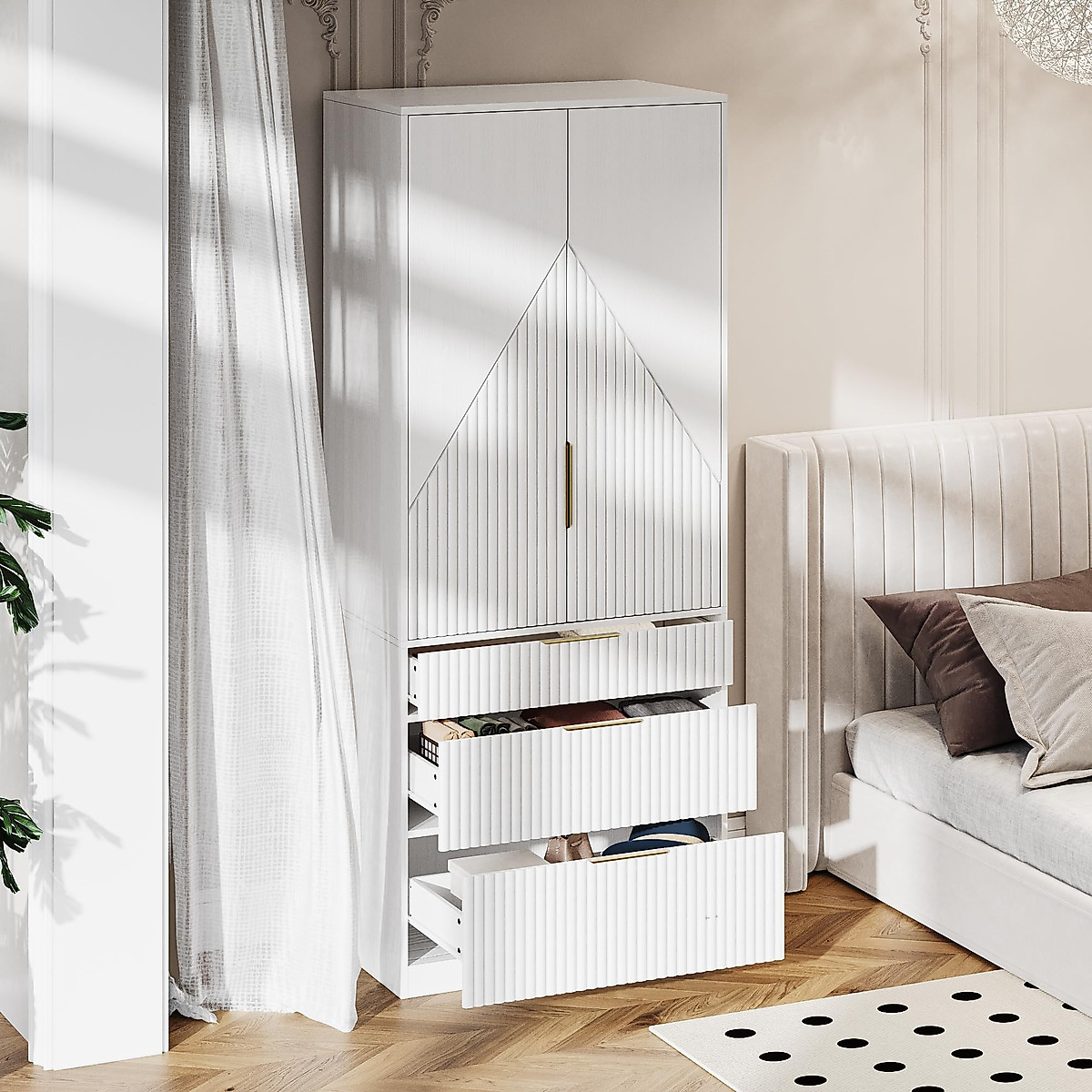 71.7 " Wardrobe Armoire Wooden Closet with 2 Doors and 3 Drawer, Bedroom Armoire with Hanging Rod Shelf, Large Capacity Storage Wardrobe Armoire, Freestanding Wooden Closet Storage Cabinet White