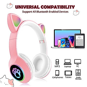 OONOL Kids Wireless Bluetooth Headphones, LED Light Over Ear Foldable Headphone with Microphone and Wired for Girls Women (Pink)