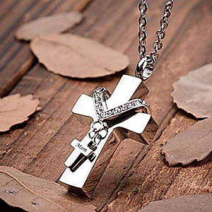 MEMORIALU Cross Mom Urn Necklaces for Ashes Cremation Crucifix Keepsake Memorial Women Stainless Steel Pendant Necklace