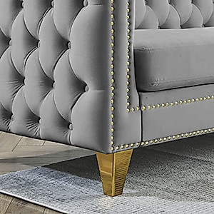 ERYE L-Shaped Symmetrical Sectional Sofa Couch Clasic Velvet Upholstered Tufted 5 Seater Sofa&Couch W/Button Armrests,Metal Legs,Nailhead Decor and 3 Pillows for Living Room, 82.2", Gray-012