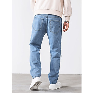 WDIRARA Men's Cut Out Ripped Frayed Zipper Fly Long Straight Leg Denim Jeans Light Wash L