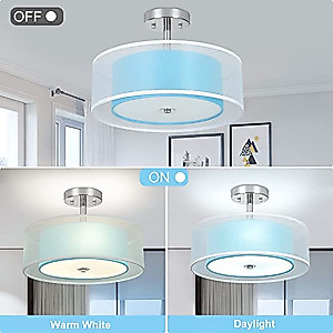 DLLT 3-Light Semi Flush Mount Ceiling Light Fixture, 15'' Blue Drum Light Ceiling Hanging with Double Fabric Shade, Modern Close to Ceiling Lamp for Living Room Bedroom Kitchen Dining Room Entry Foyer