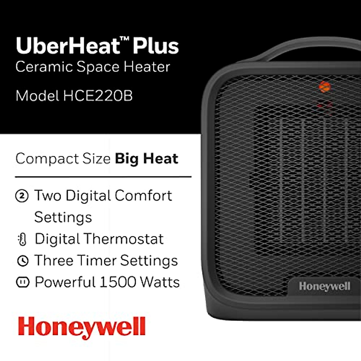 Honeywell UberHeat Plus Ceramic Space Heater for Small Rooms, Quiet, Compact Personal Heater with Variable Heat Settings and Auto-off Timer, Black, HCE220B