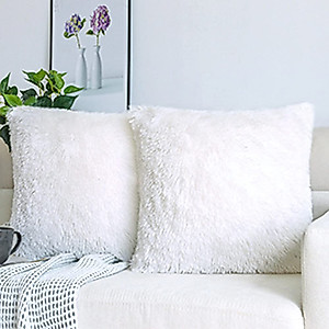 NordECO HOME Luxury Soft Faux Fur Fleece Cushion Cover Pillowcase Spring Decorative Throw Pillows Covers, No Pillow Insert, 18" x 18" Inch, White, 2 Pack