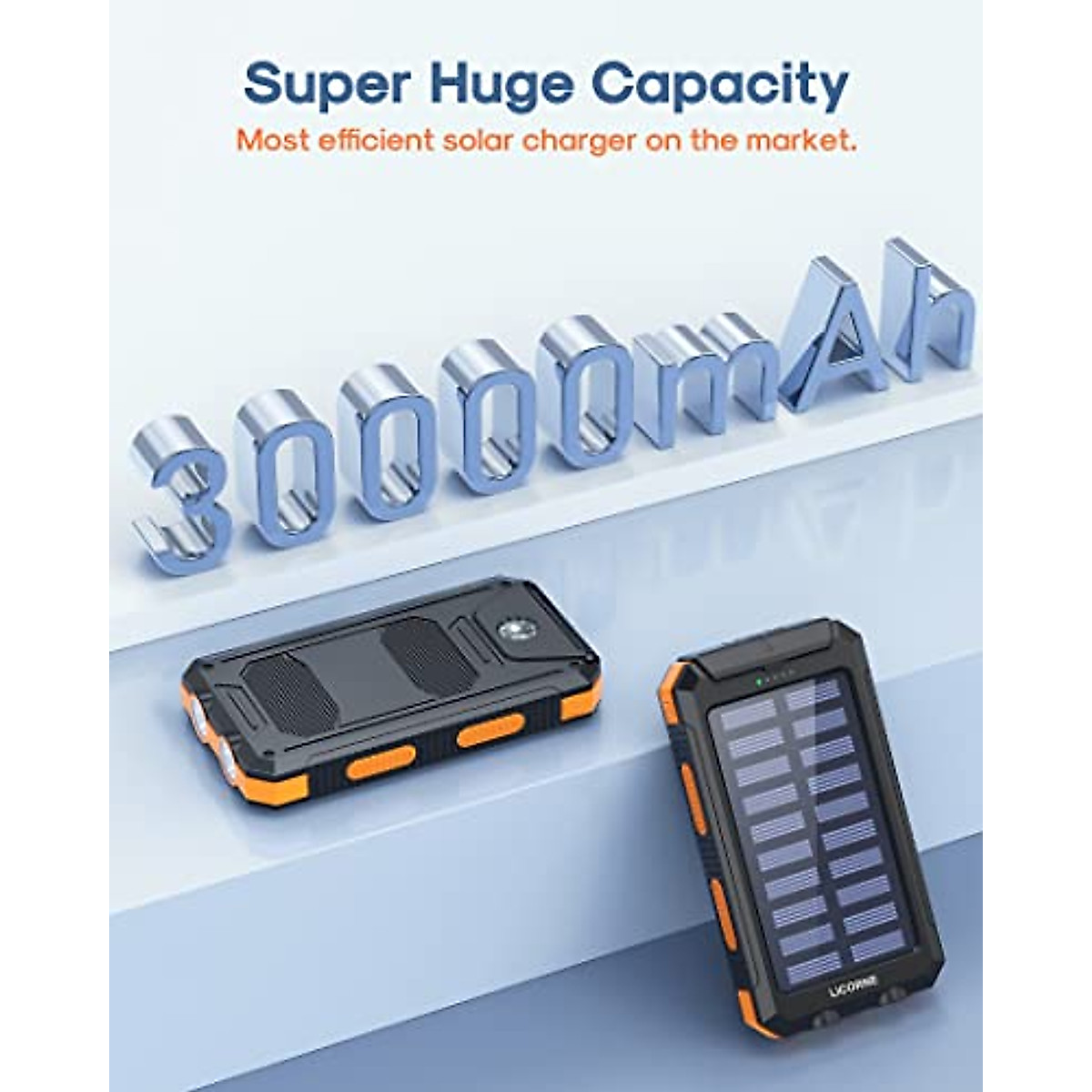 Solar Charger Power Bank Fast Charging - 30000mAh Portable Solar Phone Battery Panel Charger, QC3.0 Dual USB Port Battery Pack Charger Portable for All Cell Phones & Electronic Devices (Orange)