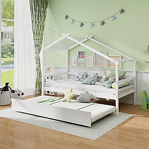 Giantex Wood House Bed for Kids, Twin Bed Frame with Trundle Bed Twin, Kids Bed Frame with Headboard and Footboard, Twin Size House Bed for Kids, Girls, Boys (White)