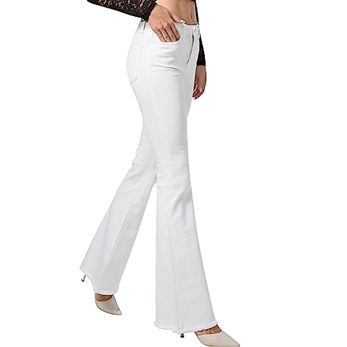 ONESO Flare Jeans for Women High Waist Raw Hem Bell Bottom Denim Pants White Jeans