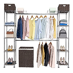 Seville Classics Closet Garment Organizer with Metal Hanging Rod Wardrobe Storage System w/Steel Shelves for Clothes, Shirts, Jackets, Coats, Blankets, Shoes, 58" to 83" W x 14" D x 72"