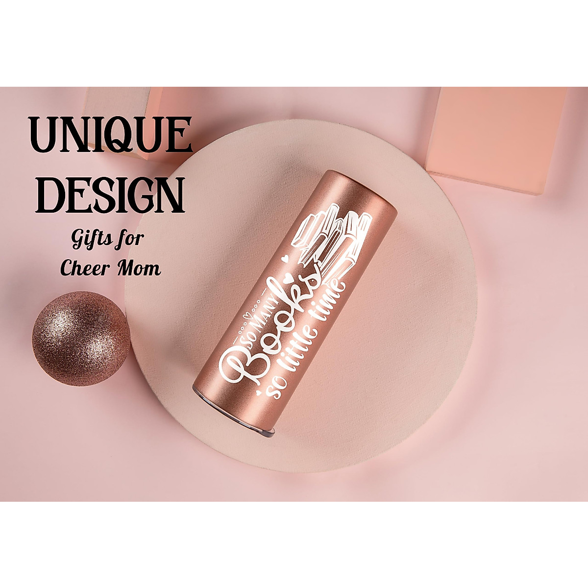 Onebttl 20oz Rose Gold Insulated Stainless Steel Book Lover's Tumbler with Straw and Lid - So Many Books, So Little Time