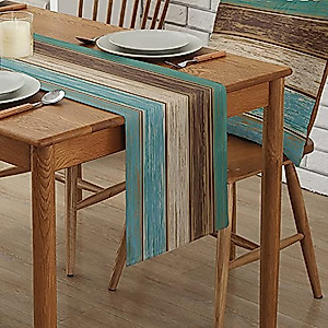 Farmhouse Table Runners 72 Inches Long,Rustic Teal Table Runner Turquoise Blue Green Brown Wood Striped Cotton Linens Burlap Dresser Scarves Table Decor for Kitchen Dining Room Coffee Table