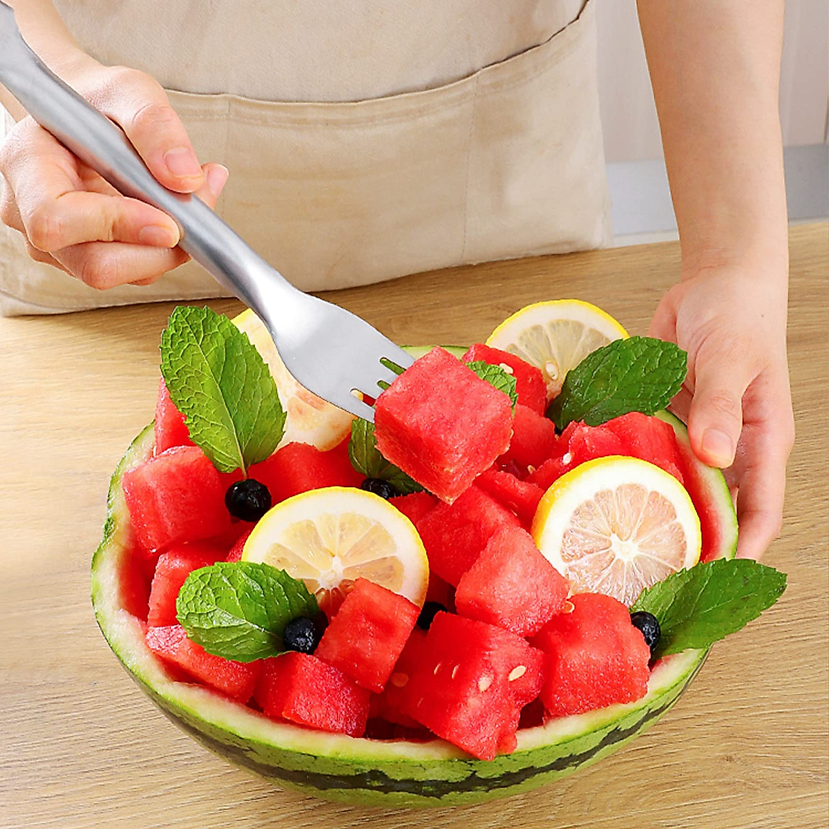 WDDH 2 in 1 Watermelon Slicing Knife,Dual Head Stainless Steel Fruit Forks Cutter Knife Portable Watermelon Fork Cutter Tool for Party Camping Kitchen Gadget[#1]