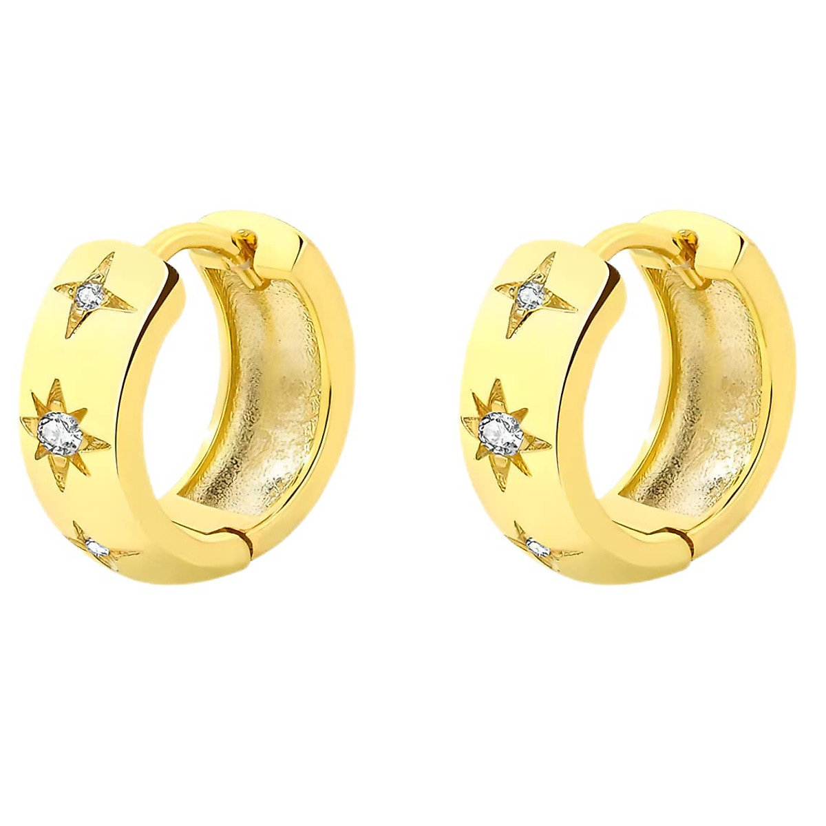 HUARJO 14K Gold Plated Sterling Silver Post Small Chunky Gold Hoop Earrings,Diamond Studded Huggie Earrings for Women 8mm 10mm 12mm (12mm, Gold)