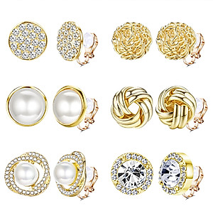 HAIAISO 6 Pairs Clip On Earrings Cubic Zirconia Pearl Knot Twist Clip On Earrings Non Pierced for Women Clip Earrings Set
