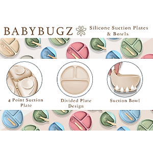 BabyBugz 7 Piece Baby Silicone Feeding Set, Baby Led Weaning Supplies with Silicone Suction Baby Bowls, Baby Silicone Plate With Suction and Baby Bibs, Baby Essentials Led Weaning Utensils (Sand)