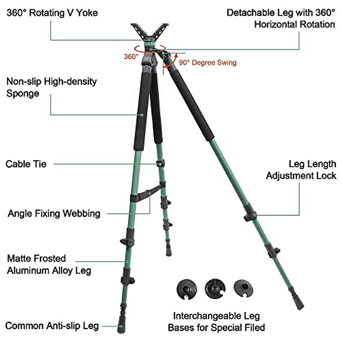 HUNTPAL Aluminum Hunting Shooting Stick Rifle Tripod Gun Rest with Removable 360° Horizontal Rotation 90° Swing Leg, Adjustable Telescope Monopod Bipod with V Yoke Head & Interchangeable Spike Feet