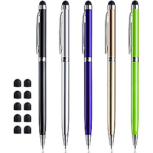 ChaoQ Stylus Pens for Touch Screens (5 Pcs), 2 in 1 Slim Capacitive Stylus Ballpoint Pens (Black Ink), with 10 Replaceable Rubber Tips (Black,Silver,Blue,Gold,Green)