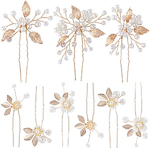 ANCIRS 9 Pack Pearl Bridal Wedding Hair Styling Pins, Leaves Style Bride Head Piece, U Shape Rhinestone Flower Hair Accessories for Women & Girls Wedding Hairstyles- Gold