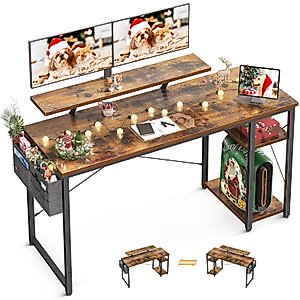 ODK Computer Desk with Shelves, 55" Home Office Desk with Monitor Shelf, 2 Tiers Shelves Study Writing Table, Modern Simple Style PC Desk, Stable Workstation, Printer Space, Easy to Assemble, Teak