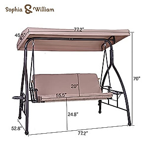 Sophia & William Outdoor 3-Seat Swing Chair with Adjustable Canopy, Patio Swing Glider Lounge Chair with Foldable Side Table Cup Holder and Removable Cushion for Porch, Garden, Backyard