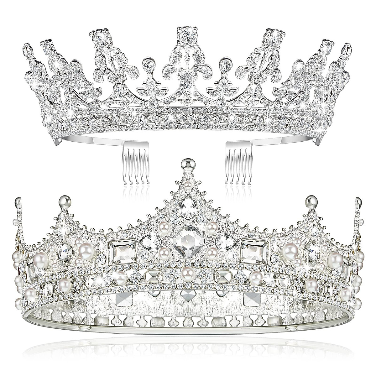 Juexica 2 Pieces Crowns King and Queen Wedding Crown and Tiaras for Women Men Halloween Princess Vintage Headband Birthday Crown Bridal(Silver)