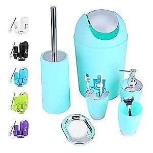 Zerone 6pcs Bathroom Accessory Set, Plastic Sink Accessory Set Includes Toothbrush Holder Toothbrush Cup Soap Dish Toilet Brush Holder Waste Bin Tumbler Straw Set