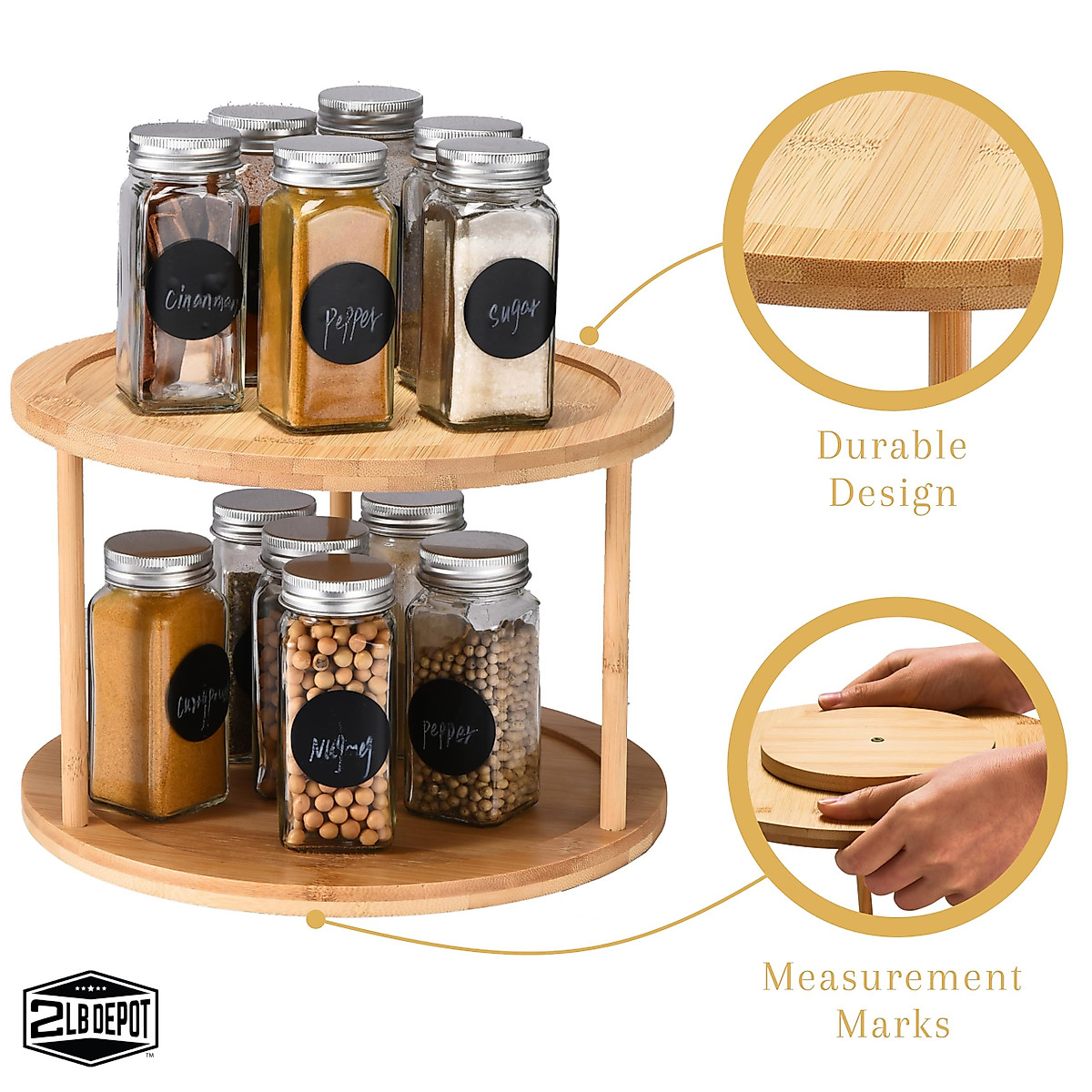 Bamboo Turntable Lazy Susan Rotating Spice Rack - 2 Tier Rotating Spice Rack, Lazy Susan Rotating for Kitchen, Spice Carousel for Cabinets and Pantry - Wooden 2 Tier Lazy Susan Rotating Turntable