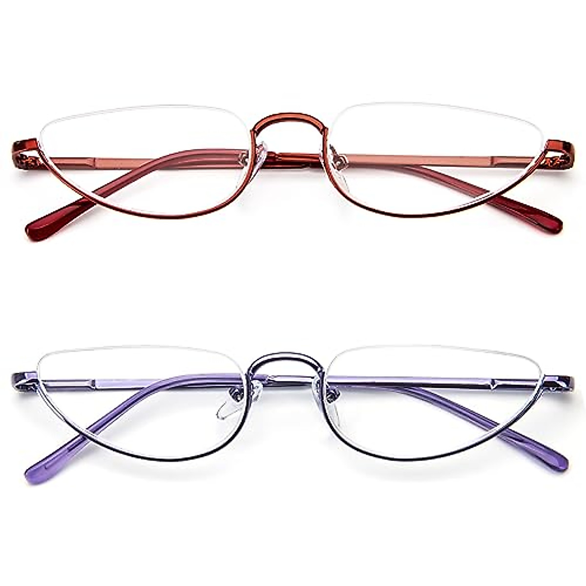 KoKoBin Half Reading Glasses for Men Women,Half Moon Metal Frame Lens Spring Hinge Readers, Purple+Red 3.00