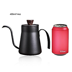 CA Mode 14oz Mini Gooseneck Spout Kettle Make Pour-Over Coffee Kettles Small Teapot Stainless Steel Black Long Narrow Hand Drip Tea Pot Hanging Ear with Anti-Scalding Cover