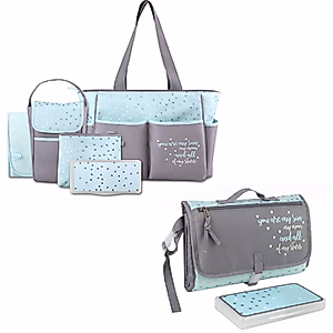 Diaper Bag Tote 5 Piece Set with Sun, Moon, and Stars and Baby Portable Changing Pad, Diaper Bag, Travel Mat Station Gift Set