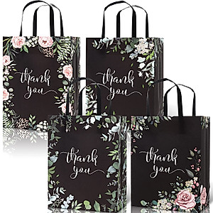 AnyDesign Floral Thank You Gift Bags with Handles Black Thank You Goody Bags Flower Kraft Paper Treat Bags Party Favor Bags for Wedding Birthday Baby Shower Party Favors, 4 Designs, 20Pack