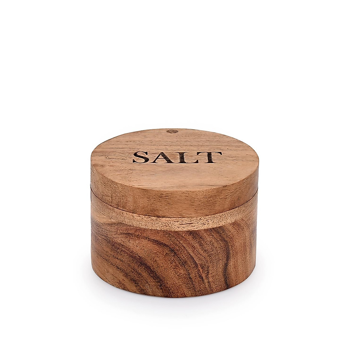 EDHAS Acacia Wood Round Condiment Pot with Magnetic Swivel Lids for Kitchen Countertop "Salt" Engraved on Lid (3.5” x 3.5” x 2.5”)