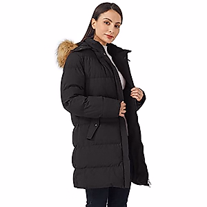 WenVen Women's Winter Thicken Padded Coat Parka Jacket with Fur Hood (Black,L)