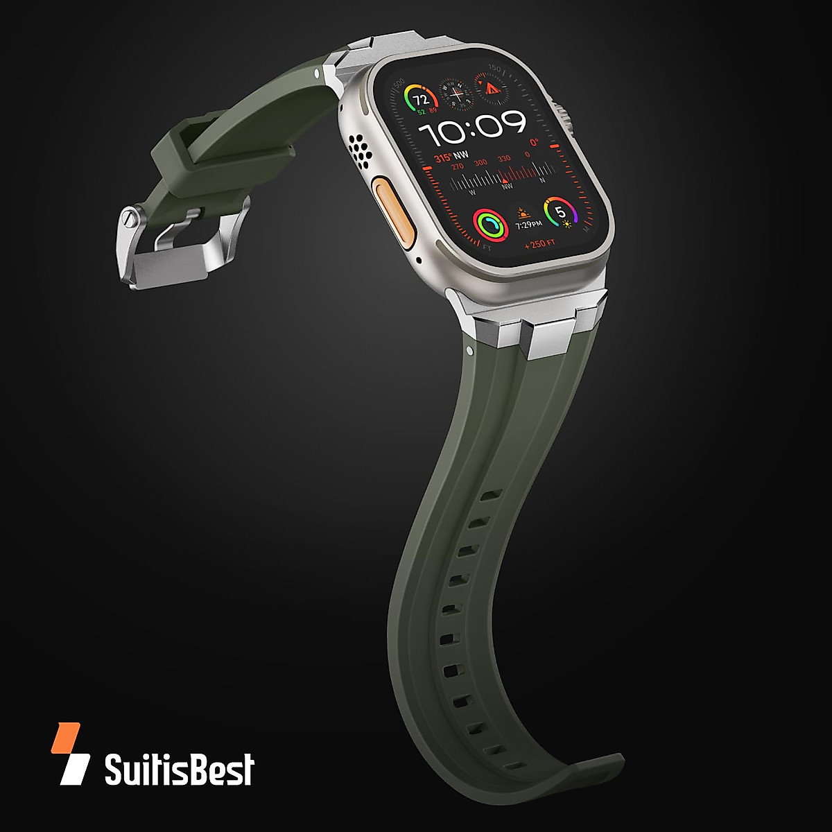 Suitisbest Sport Band for Apple Watch Ultra 2/Apple Watch Ultra Bands 49mm 45mm 44mm 42mm, Wide Rugged 316L Stainless Steel Connector Durable Silicone Band for iWatch Ultra 9 8 7 6 5 4 3 SE