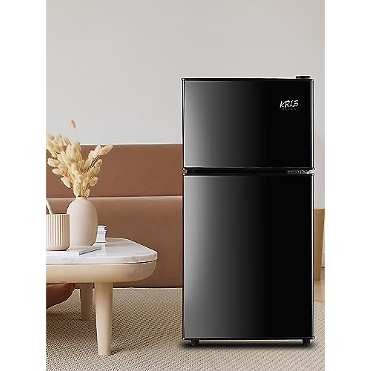 KRIB BLING Refrigerator with Freezer, 3.5 Cu.Ft Mini Fridge,Lock Fresh,7 Level Adjustable Thermostat ct for Dorm, Bar, Office,Kitchen, Bedroom,Black