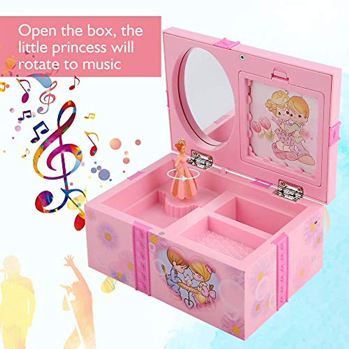 JAWL Music Box, Cartoon Jewelry Storage Case Plastic Dancing Princess Music Box Miniature 360 Degree Rotary Square Jewelry Box with Mirror Children Toy Gift for Little Girls, Pink