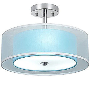 DLLT 3-Light Semi Flush Mount Ceiling Light Fixture, 15'' Blue Drum Light Ceiling Hanging with Double Fabric Shade, Modern Close to Ceiling Lamp for Living Room Bedroom Kitchen Dining Room Entry Foyer