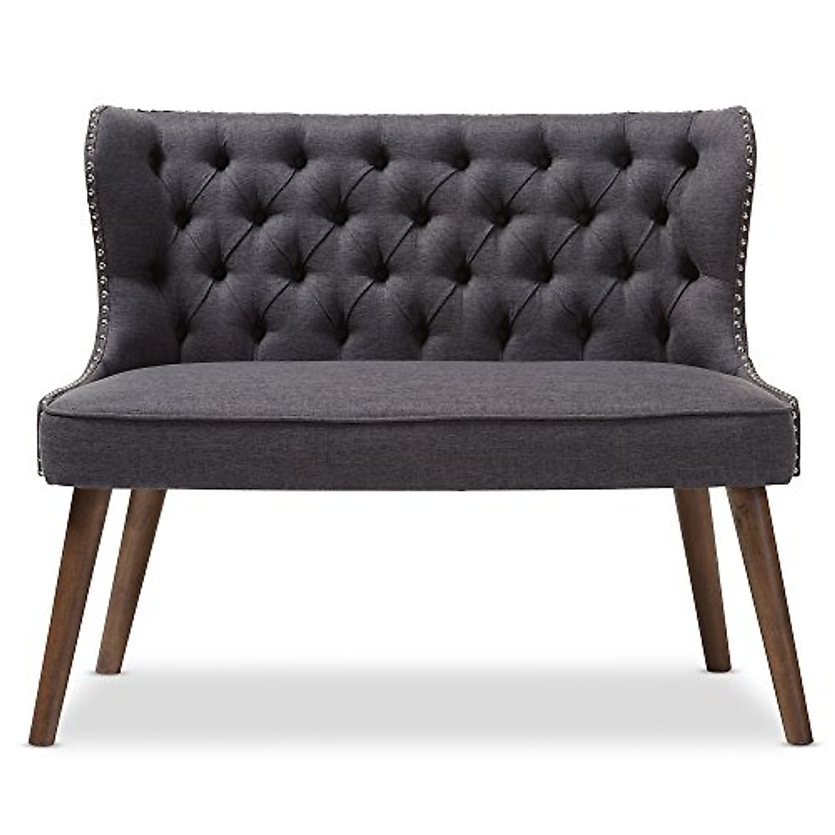 Baxton Studio Sydney Walnut Wood Button-Tufting with Nailheads Trim 2-Seater Loveseat Settee, Dark Grey