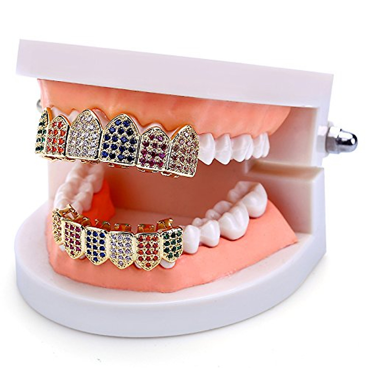 KMASAL LC8 Jewelry Hip Hop Unisex Men 18K Gold Plated Rainbow Iced Out CZ Simulated Diamond Top and Bottom Teeth Grillz Set for Women (Gold)
