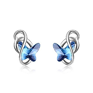 AOBOCO Sterling Silver Infinity Butterfly Earrings, Crystal from Austria, Hypoallergenic Stud Earrings, Anniversary Birthday Butterfly Jewelry Gifts for Women(Blue)