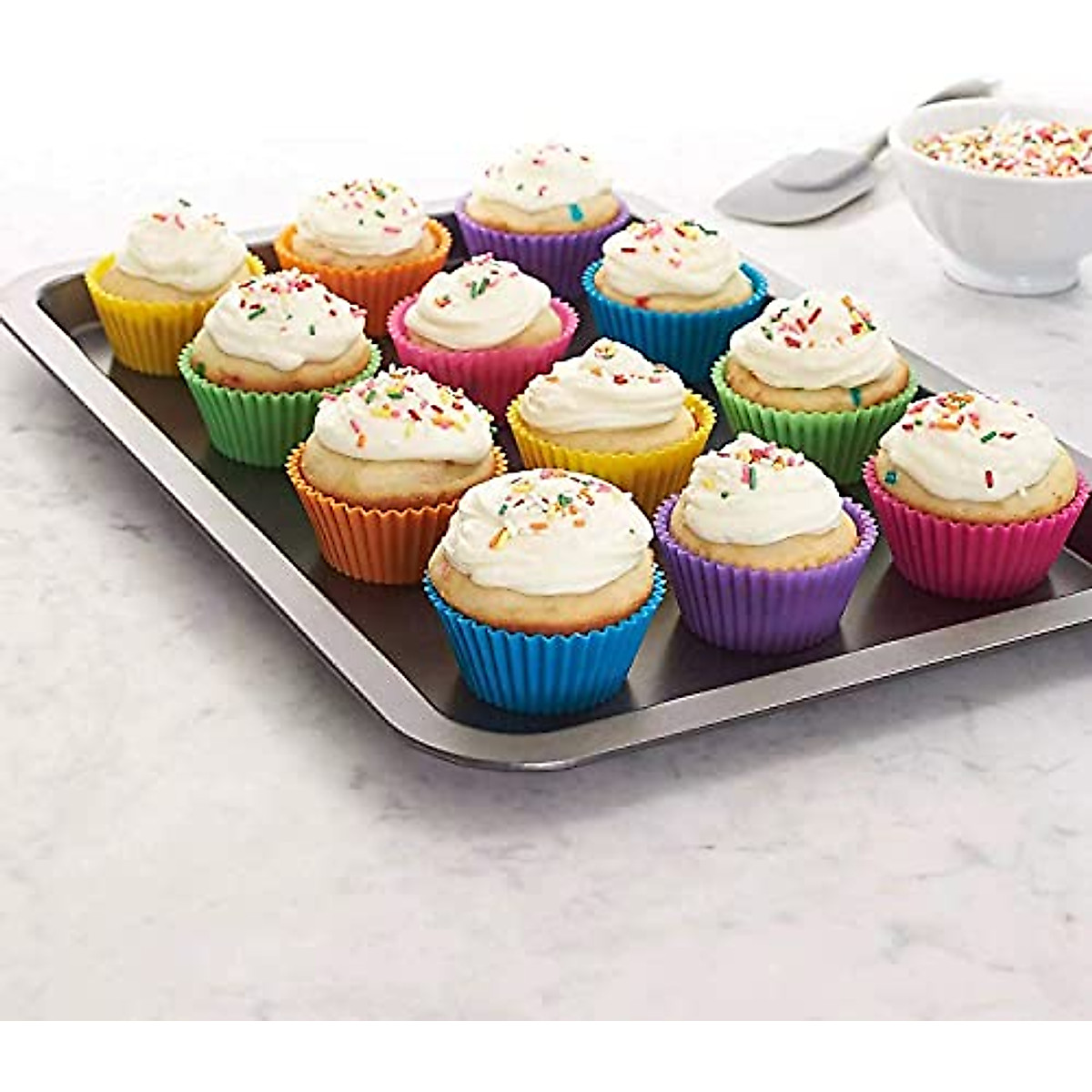 Cupcake Liners - Reusable Silicone Cupcake Baking Cups - Non-Stick Baking Muffins Mold - Use As Lunch Box Dividers - Set of 12 Kitchen Accessories - Great Gift Idea