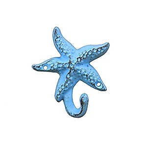 Hampton Nautical Rustic Starfish Hook 6" Decoration-Antique Vintage Cast Iron, Solid Light Blue