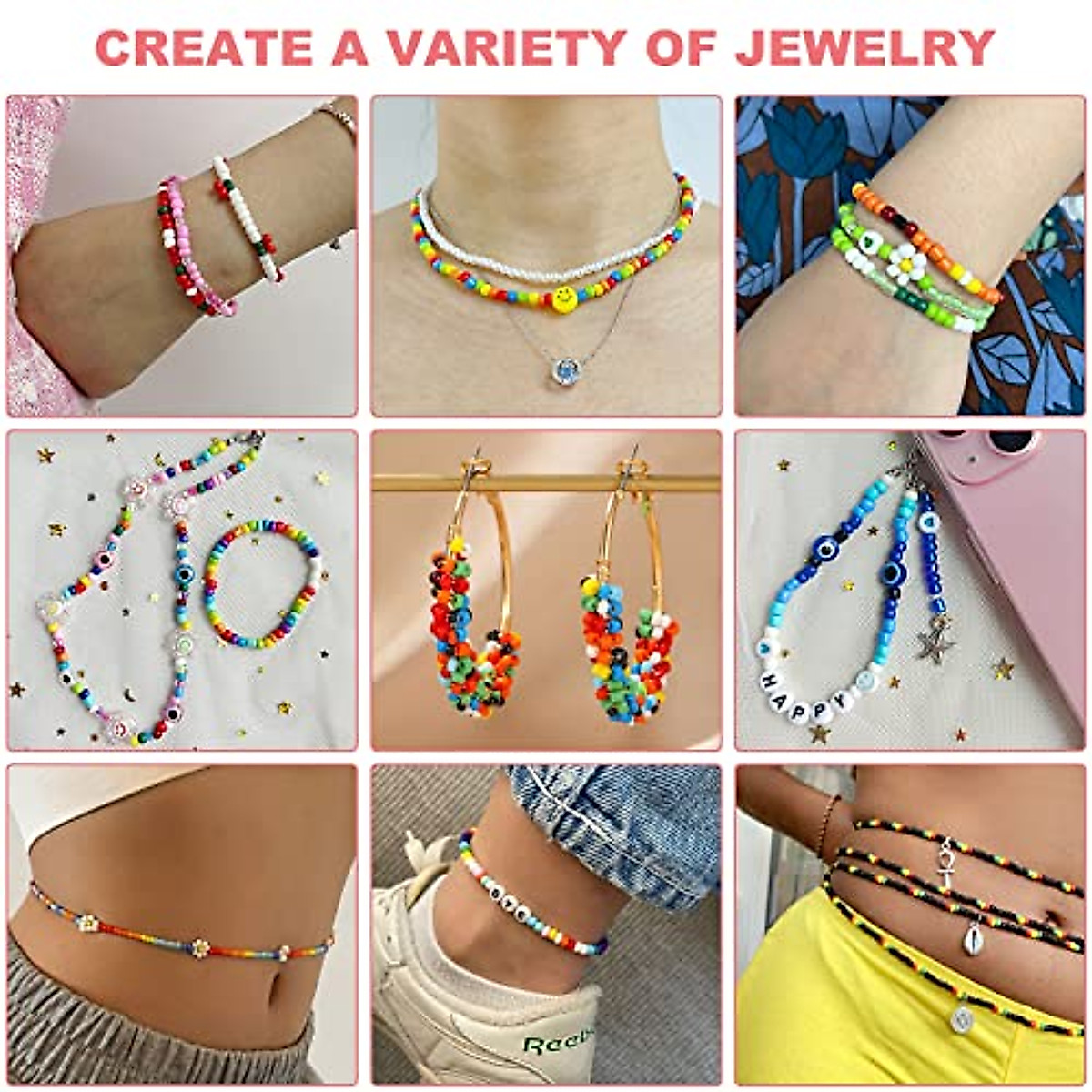 Redtwo 3400pcs 4mm Glass Seed Beads for Jewelry Bracelet Making Kit, Small Beads Friendship Bracelet Kit, Tiny Waist Beads Kit with Letter Beads and Elastic String, DIY Art Craft Girls Gifts (4mm)