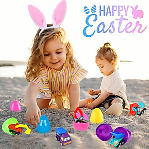 Easter Basket Stuffers for Toddler Easter Gifts for Boys Easter Egg Stuffers Easter Baskets for Kids 12 filled Easter Eggs with Toys inside Pull Back Construction Vehicles Fillers Classroom Favors