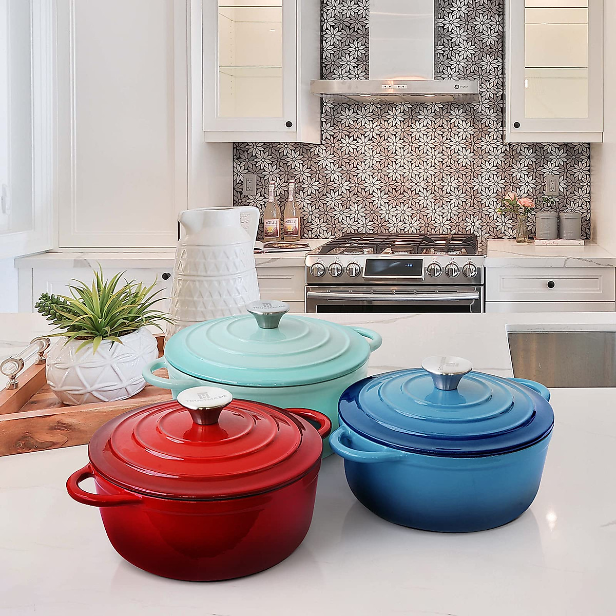 Trustmade 4.5 QT Cast Iron Dutch Oven, Enamel Coated Cookware Pot with Self Basting Lid for Home Baking, Braiser, Cooking, Aqua