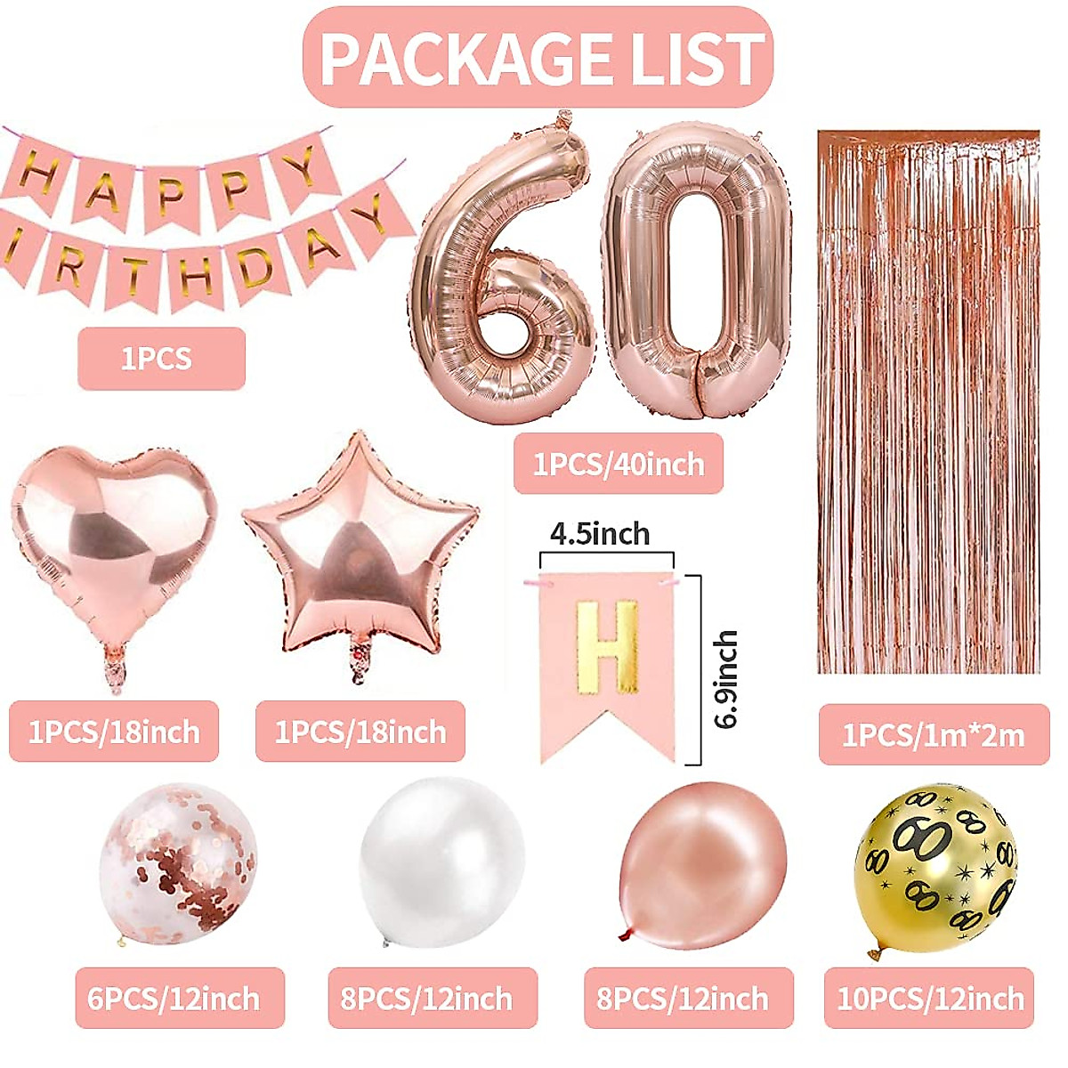 41Pcs 60th Rose Gold Birthday Decoration,Pink Birthday Decor,Rose Gold Balloons,Rose Gold Glittery Happy Birthday Banner for Women Birthday Party Supplies