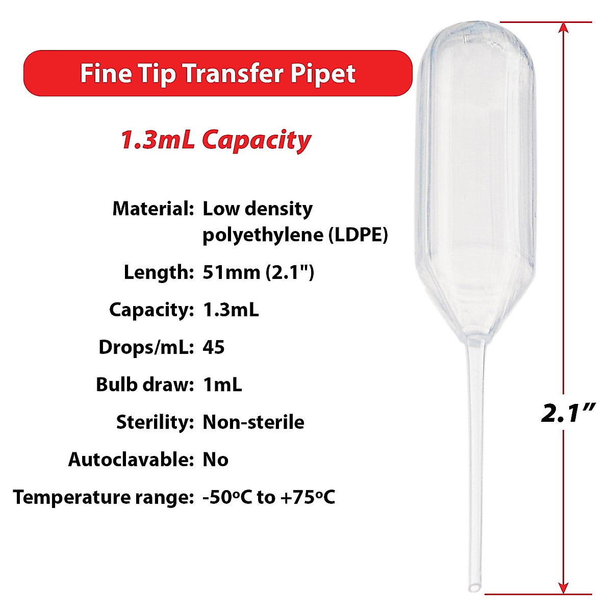 Globe Scientific 134010-500 LDPE Fine Tip Transfer Pipet, Non-Sterile, 51mm Length, 1.3mL Capacity (Box of 500)