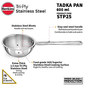 HAWKINS 2.5 Cup Tadka Pan, 600ml Triply Stainless Steel Pan, Silver (STP25)