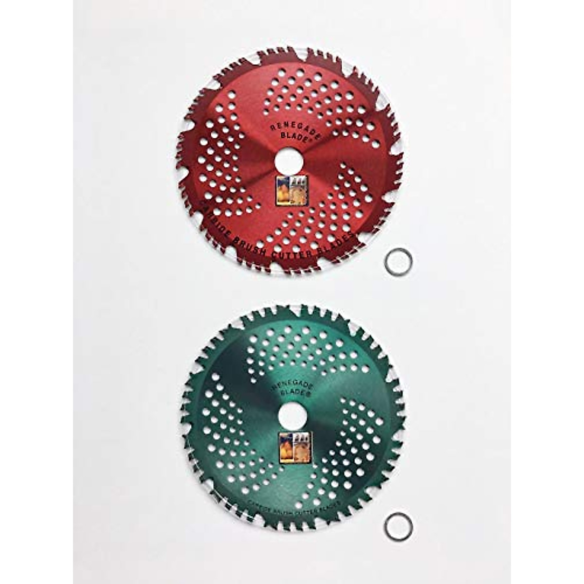 2pk--8"--44t/56t Combo Pack -- (1) 44t Green Viper (1) 56t red Razor -- "Hybrid" Pack -- RENEGADE BLADE® - GS1 Barcoded Shelf Hanging Blister Pack-- Carbide Brush Cutter Blades, 203mm Dia.