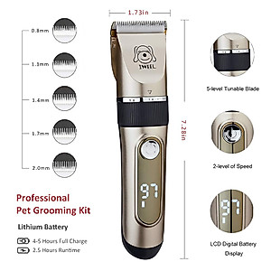 IWEEL Dog Clippers, 2-Speed Professional Rechargeable Cordless Cat Shaver and Low Noise Water Proof Electric Dog Trimmer Pet Grooming Kit Animal Hair Clippers Tool with Scissors Combs
