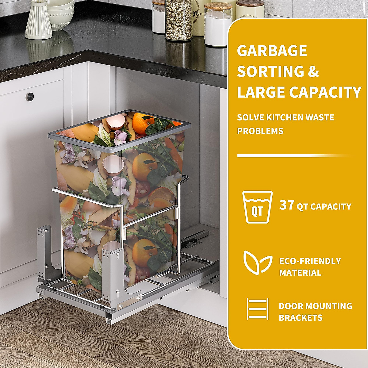 37-Quart (L) Pull-Out Trash Can with Soft Close for 14" W x 24.8" D x 25" H Min Cabinets, Sliding Under Mount Kitchen Pullout Waste Container Trash Can, Gray